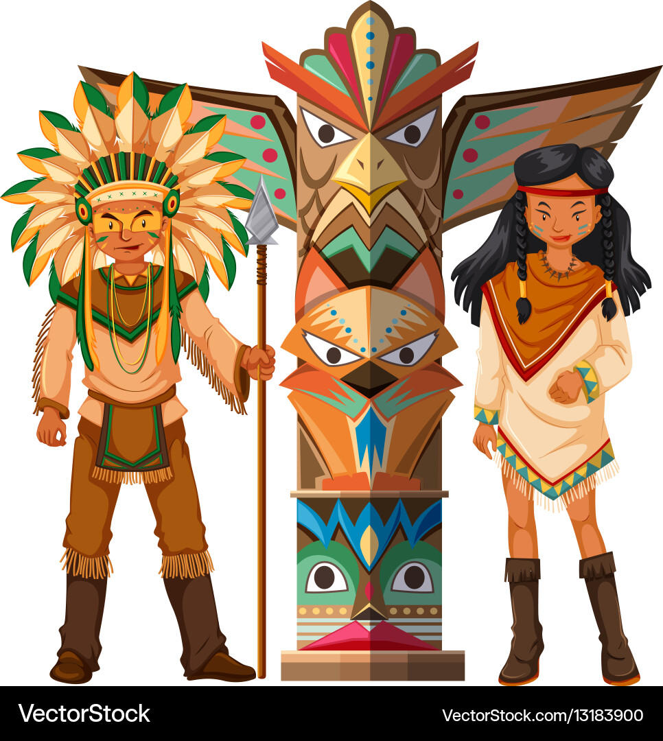 Native american indians and totem pole Royalty Free Vector
