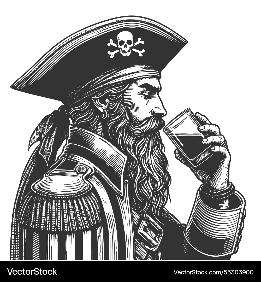 Pirate drinking rum engraving Royalty Free Vector Image