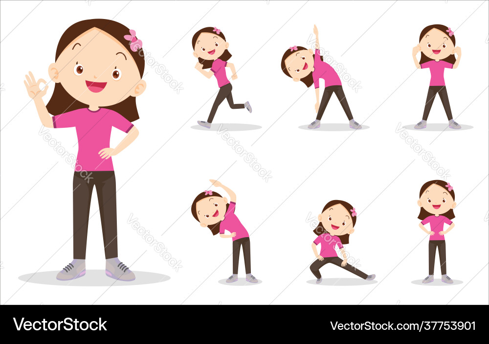 Bundle set cute girl on exercise various Vector Image
