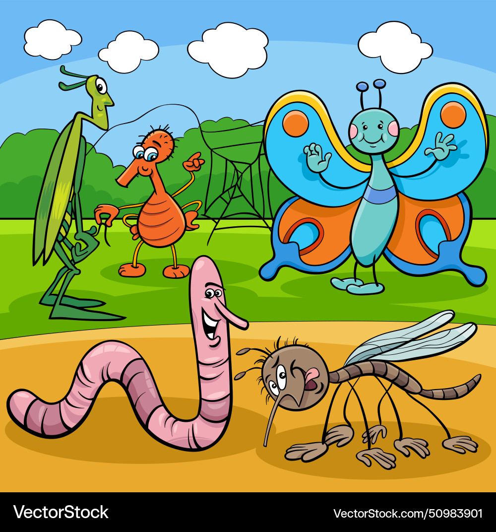 Funny cartoon insects animal characters group Vector Image