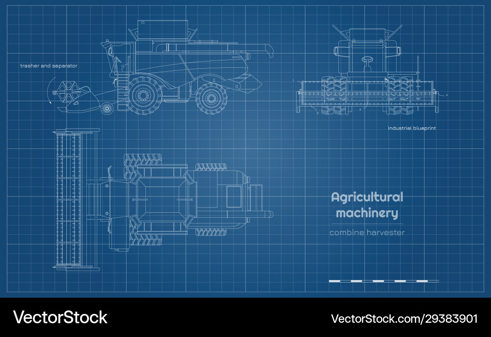 Outline blueprint combine harvester Royalty Free Vector