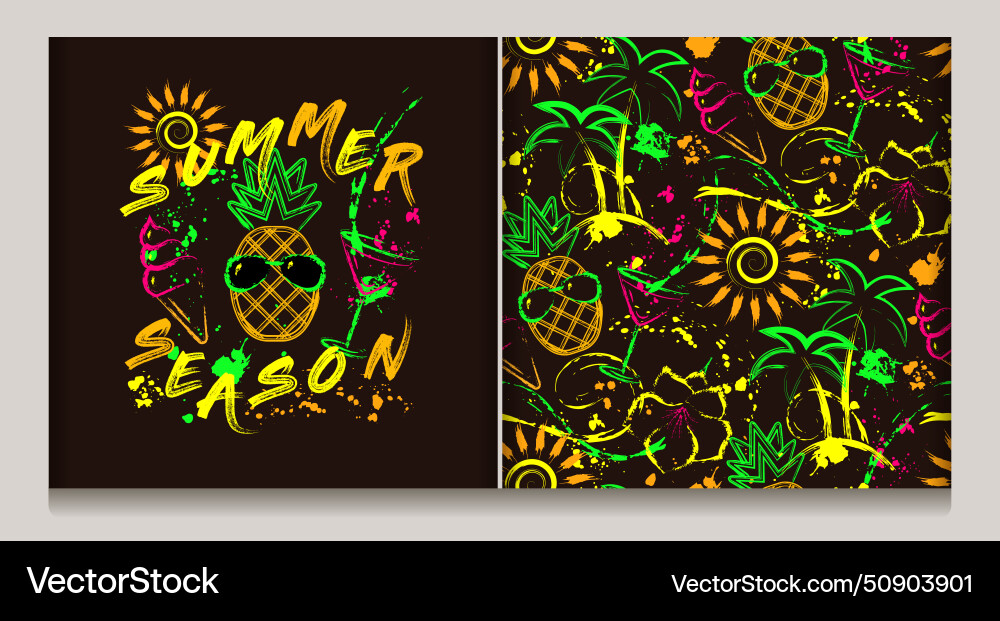 Tropical neon emblem seamless pattern Royalty Free Vector