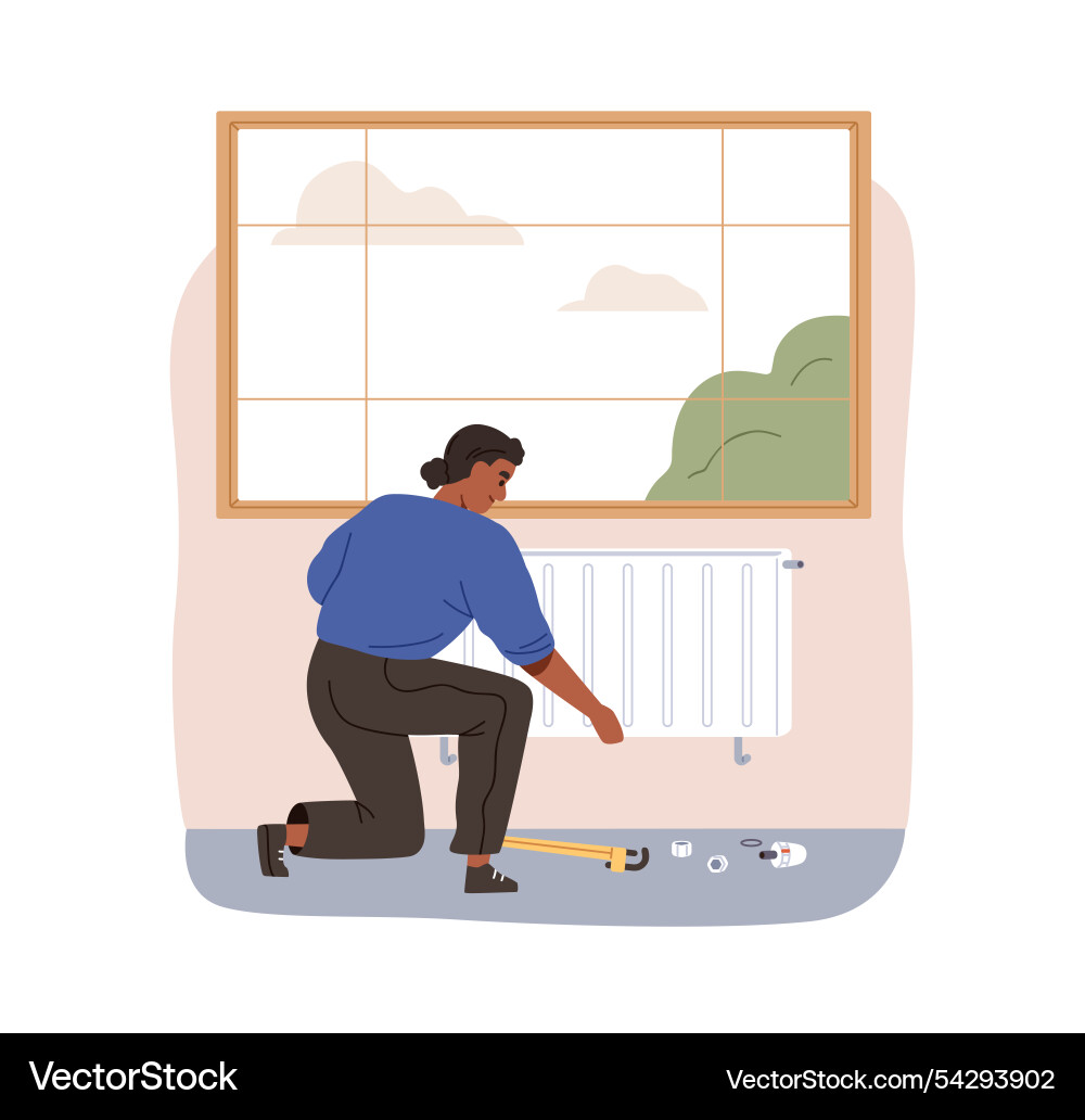 Radiator installation worker installing heating Vector Image