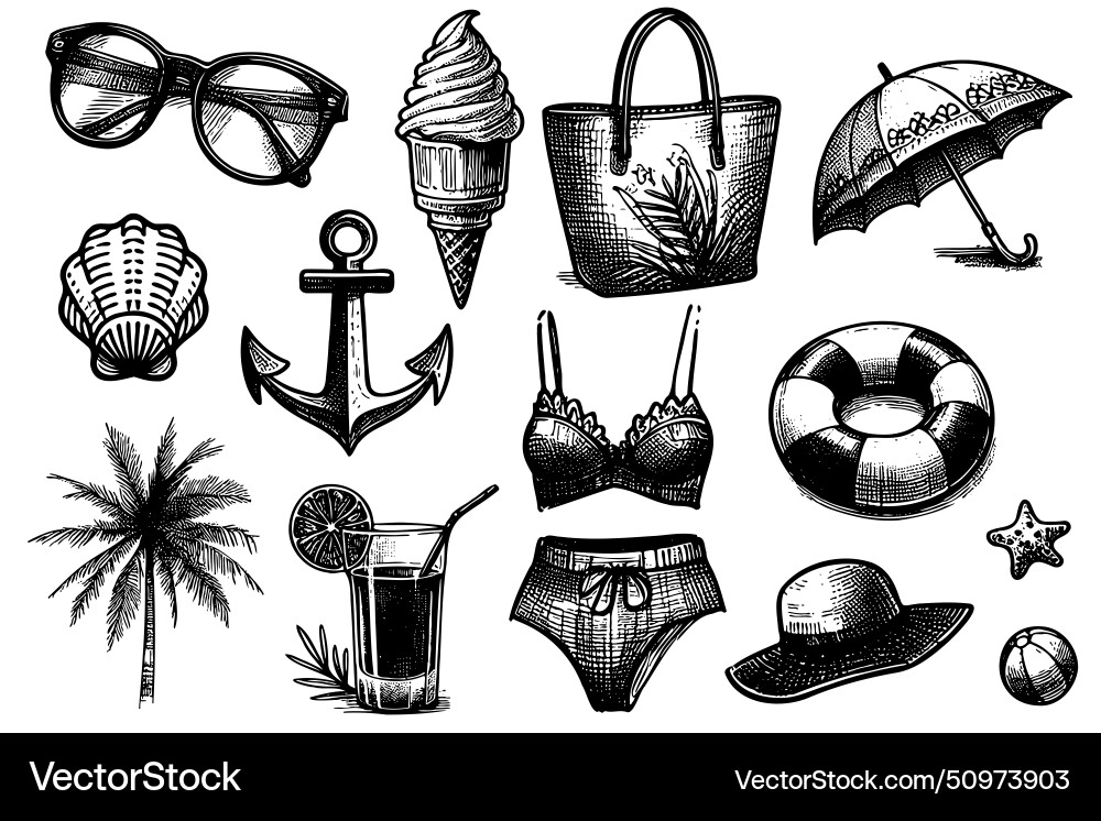 A set black and white drawings of beach items Vector Image