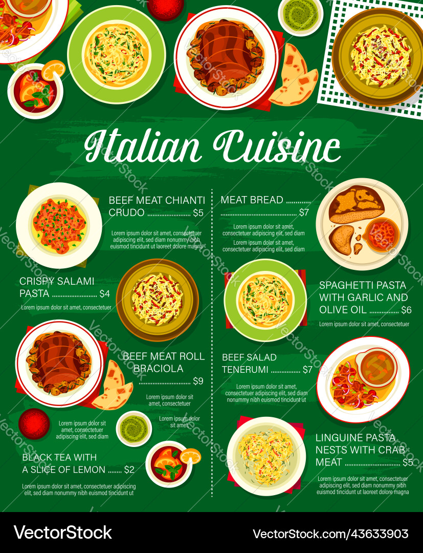 Italian cuisine restaurant dishes menu template Vector Image