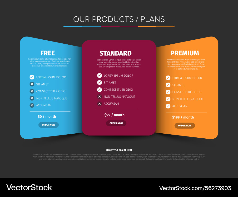 Pricing plan comparison template - free standard Vector Image