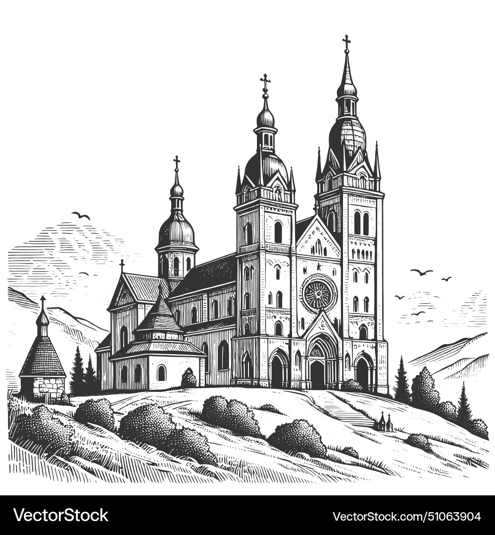 Cathedral architecture in landscape Royalty Free Vector