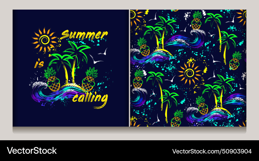 Summer neon label pattern with tropical island Vector Image