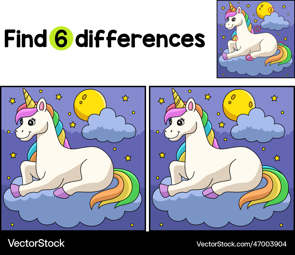 Unicorn lying on the cloud find differences Vector Image