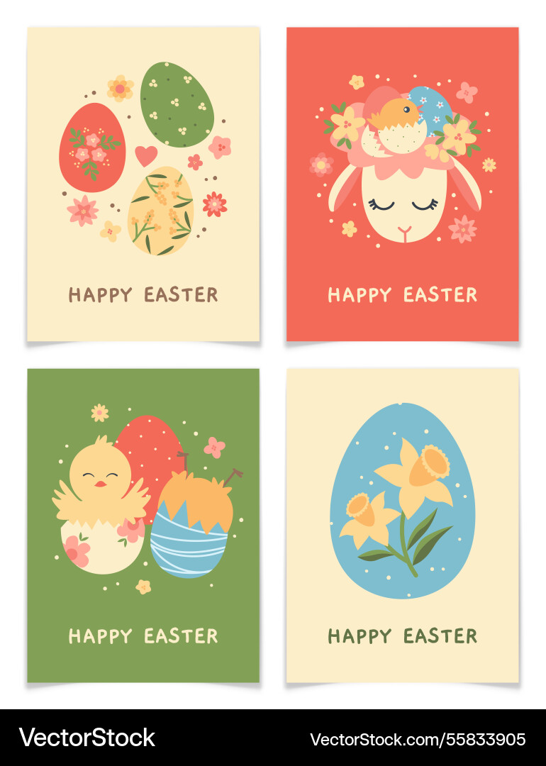 Cute easter cards set with eggs chick and lamb Vector Image