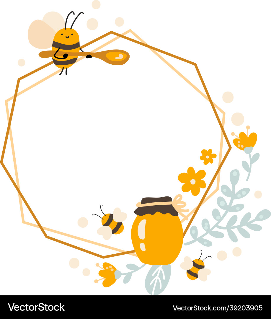 Cute kids hexagon frame with bee and spoon jar Vector Image