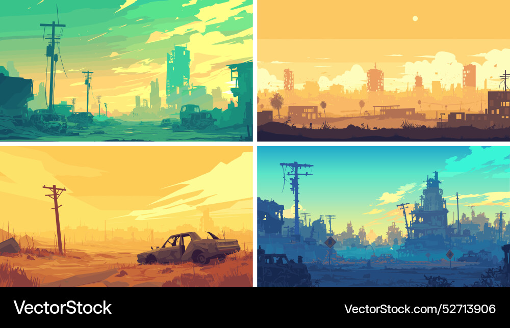 Cartoon post apocalyptic set wasteland landscape Vector Image
