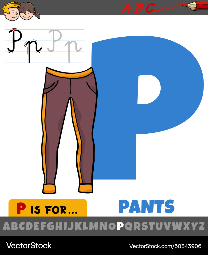 Letter p from alphabet with cartoon pants object Vector Image