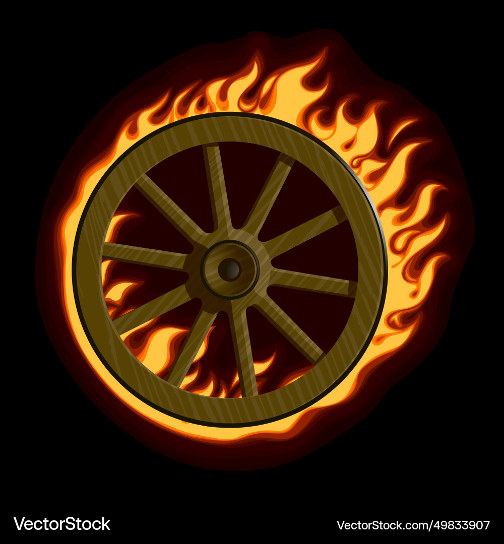 Burning rolling wooden cart wheel in flame Vector Image