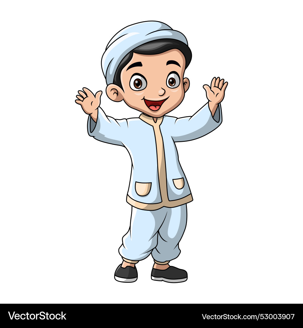 Cute happy muslim boy cartoon Royalty Free Vector Image