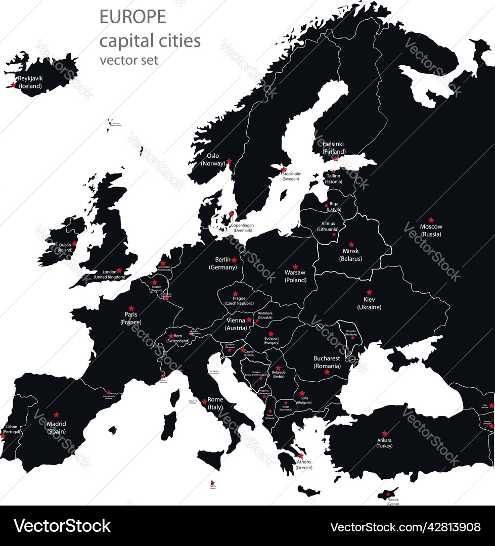 Europe map with capital cities Royalty Free Vector Image