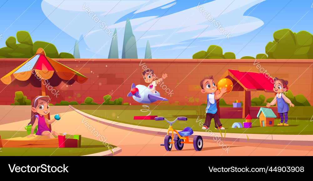 Playground with kids playing on backyard Vector Image