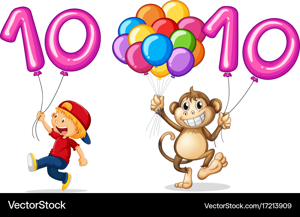 Boy and monkey with balloon for number 10 Vector Image