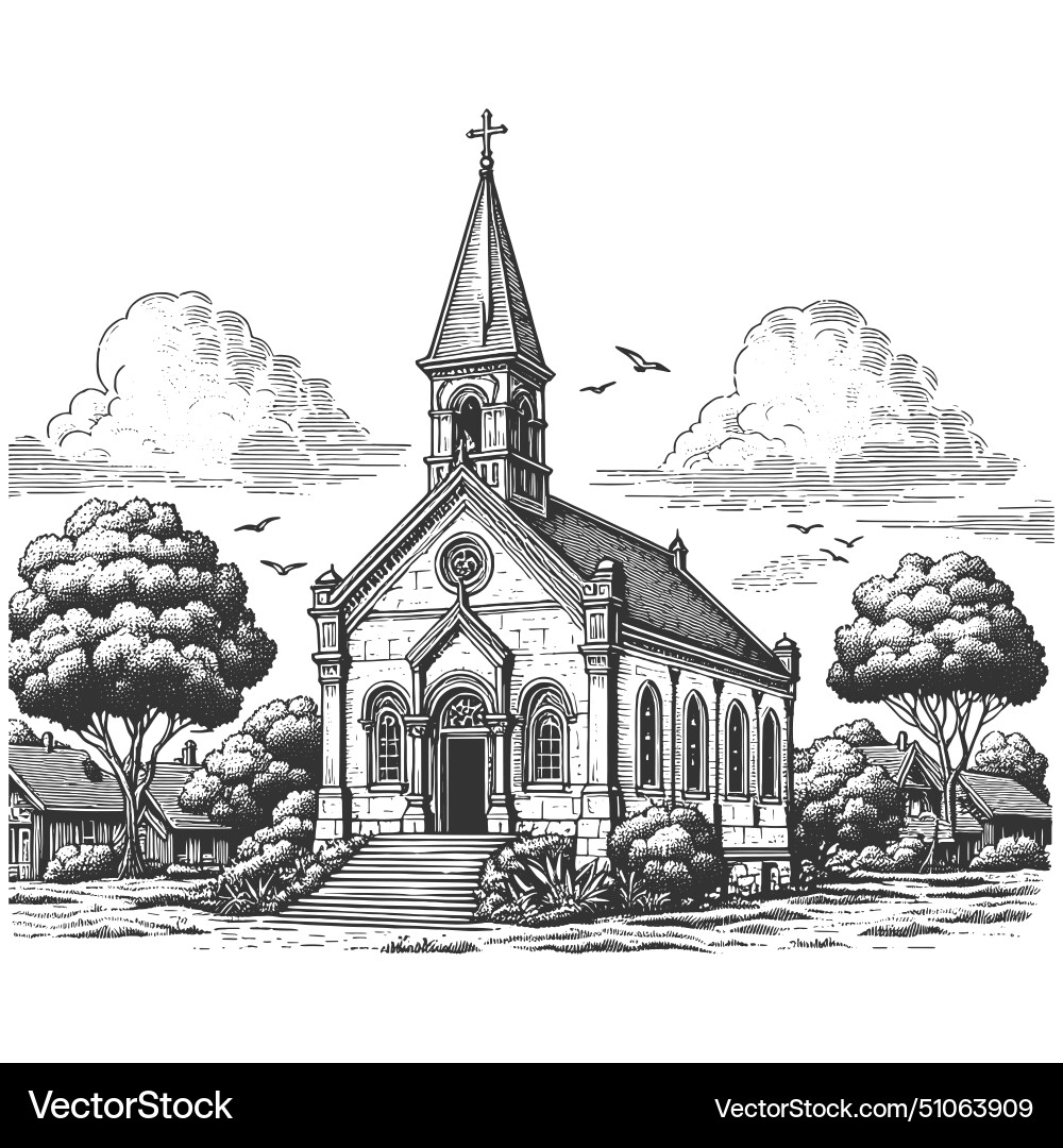 Classic church building engraving Royalty Free Vector Image