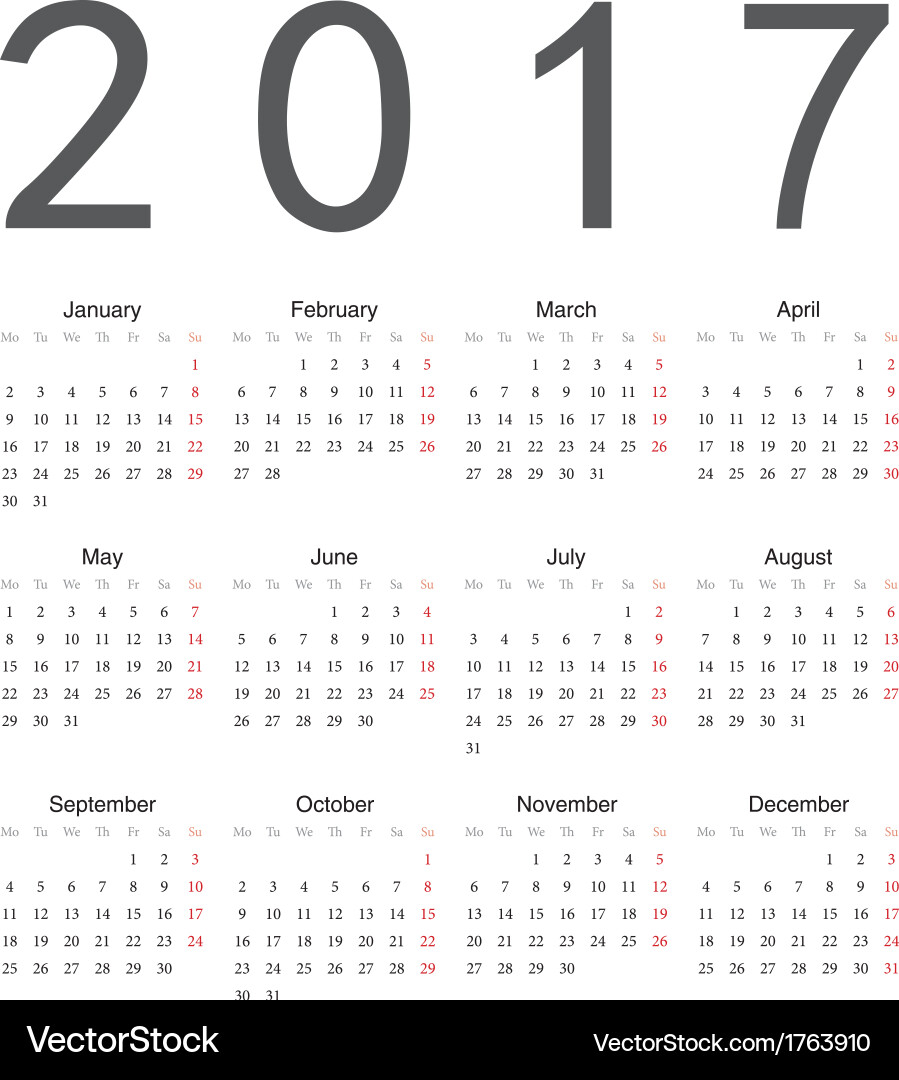 European Calendar 2017 - Square Format Royalty Free Vector