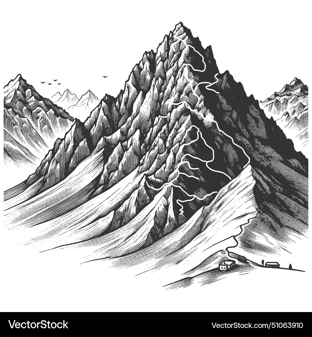 Mountain route with forest engraving Royalty Free Vector