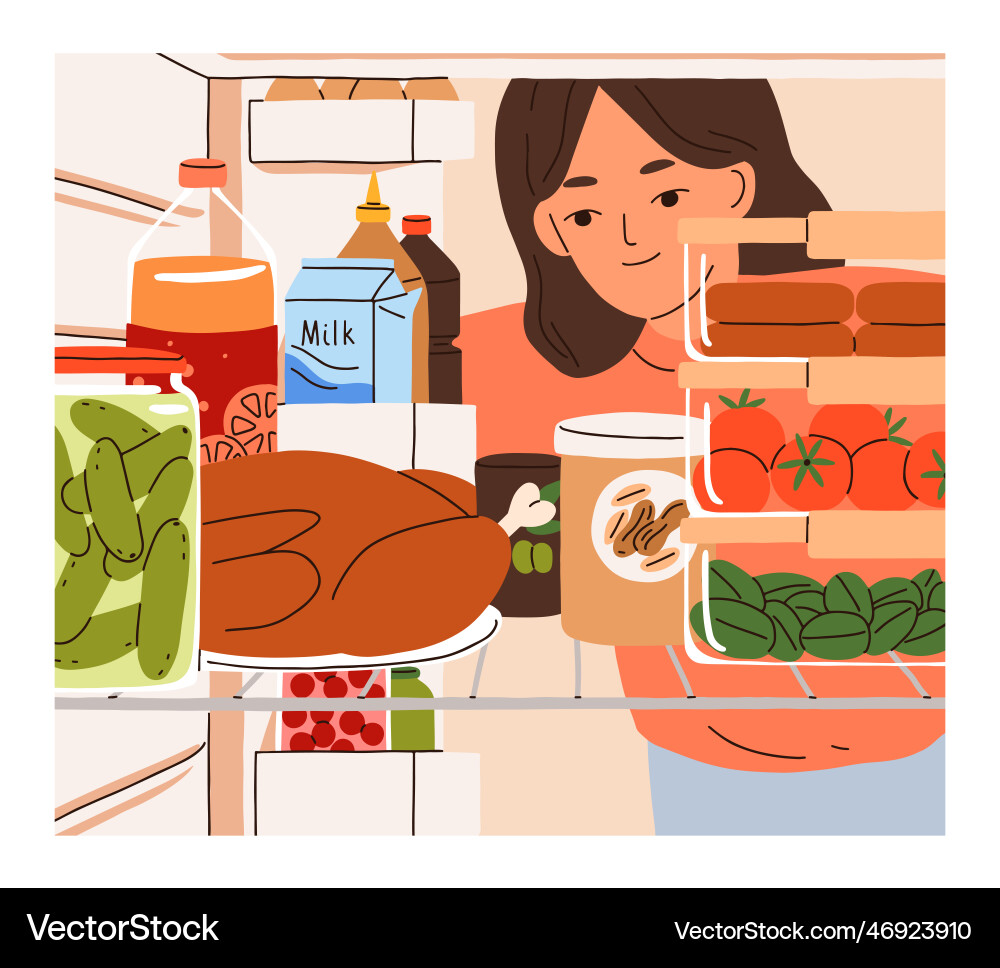 Person looking inside fridge woman opening Vector Image