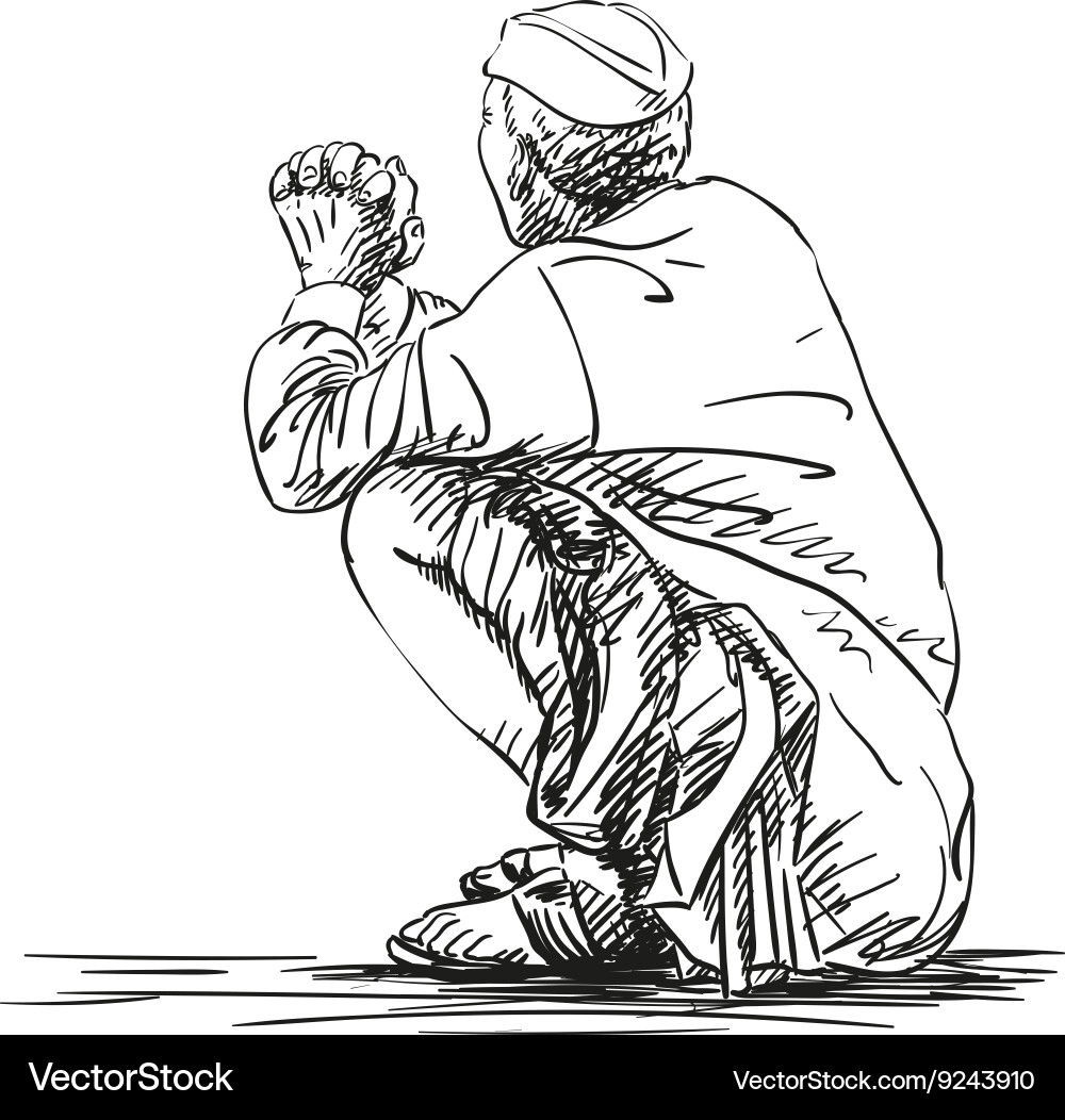 Sketch old man squatting hand drawn Royalty Free Vector