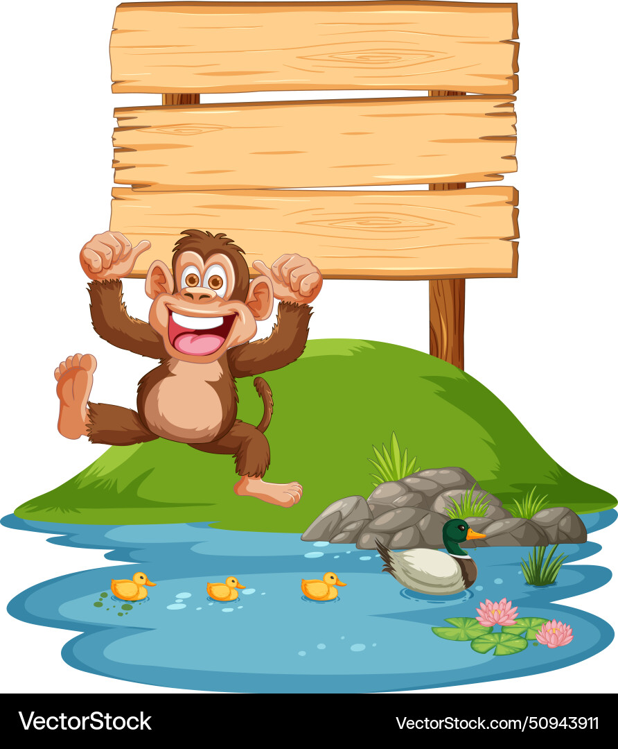 Happy monkey sitting near a pond with ducks Vector Image