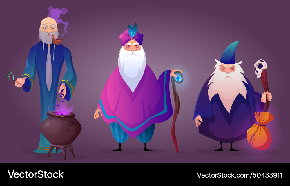 Old wizard cartoon character with magic stuff Vector Image