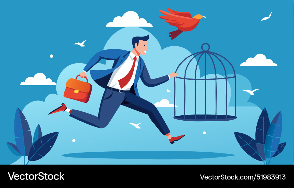 Businessman escaping birdcage for freedom Vector Image