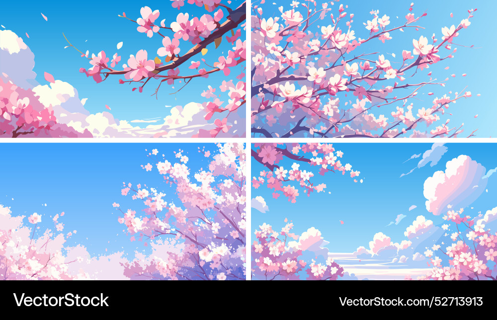 Cartoon sakura flowers landscape set cherry tree Vector Image