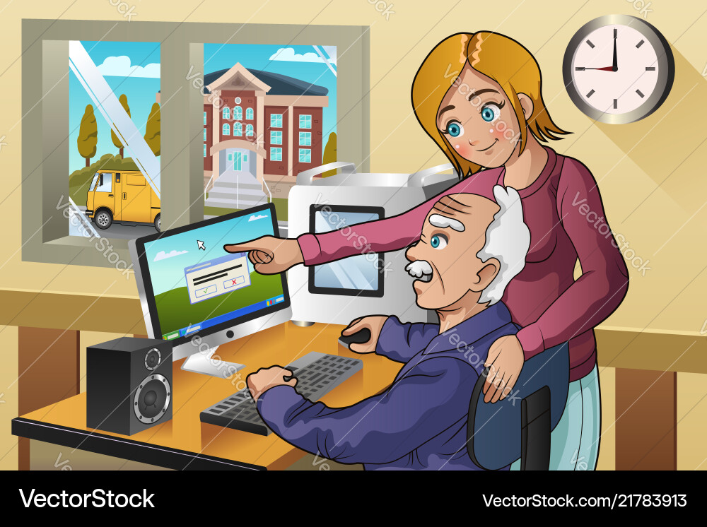 Girl teaching senior how to use a computer Vector Image