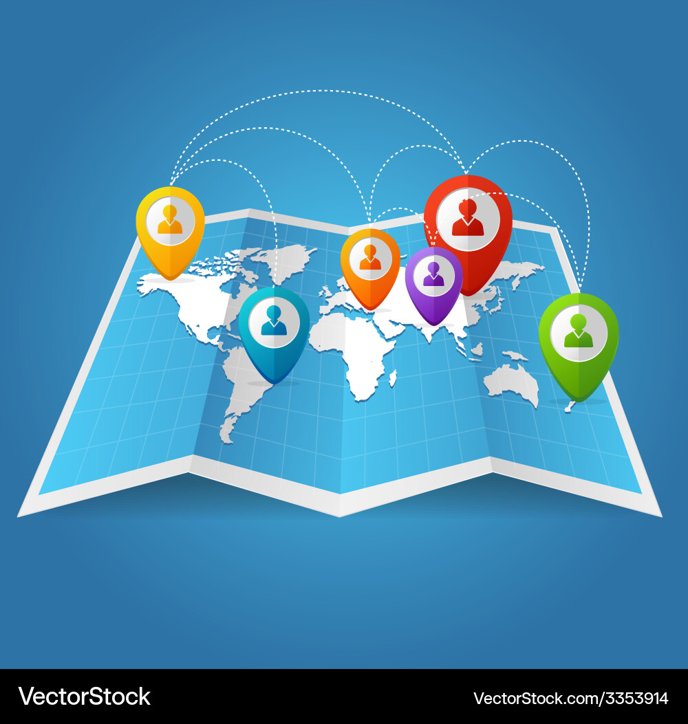 World map with color geo location pins Royalty Free Vector