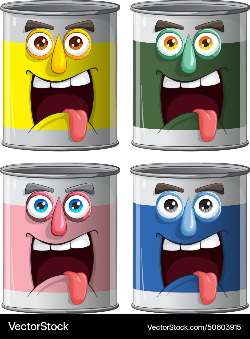 Four cartoon paint cans showing playful Royalty Free Vector