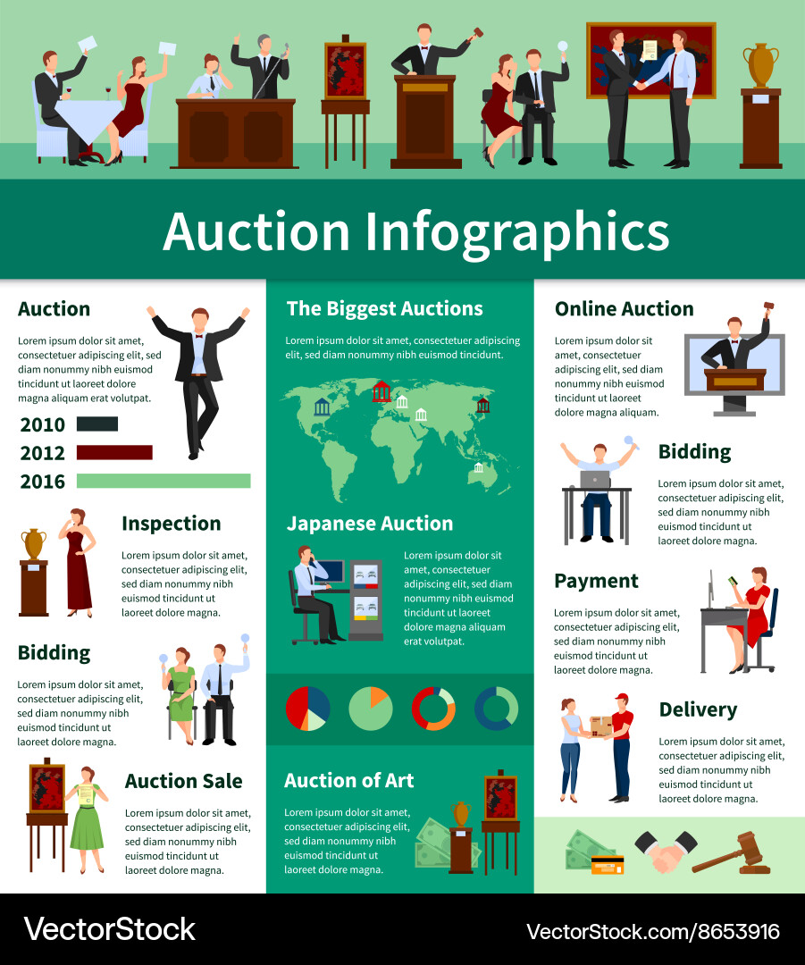 Auction sales worldwide flat infographic banner Vector Image