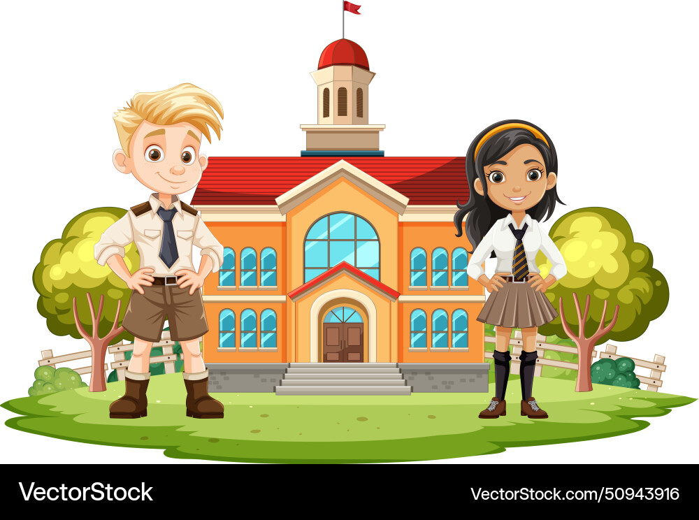 Two cartoon students standing in front of school Vector Image