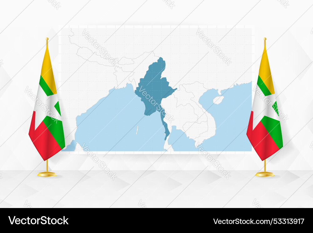 Map of myanmar and flags on flag stand Royalty Free Vector