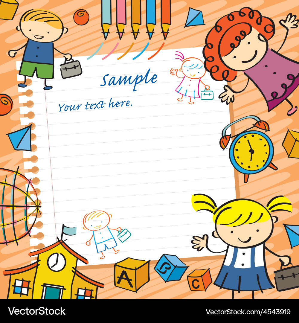 Kids with paper background and toys frame Vector Image