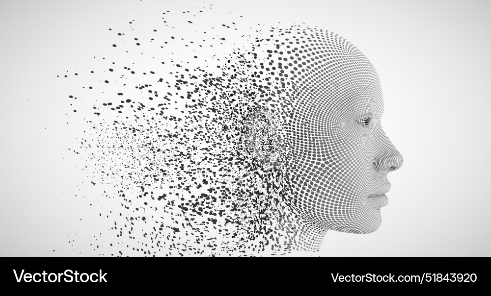 Human head dispersing and disintegrating into part