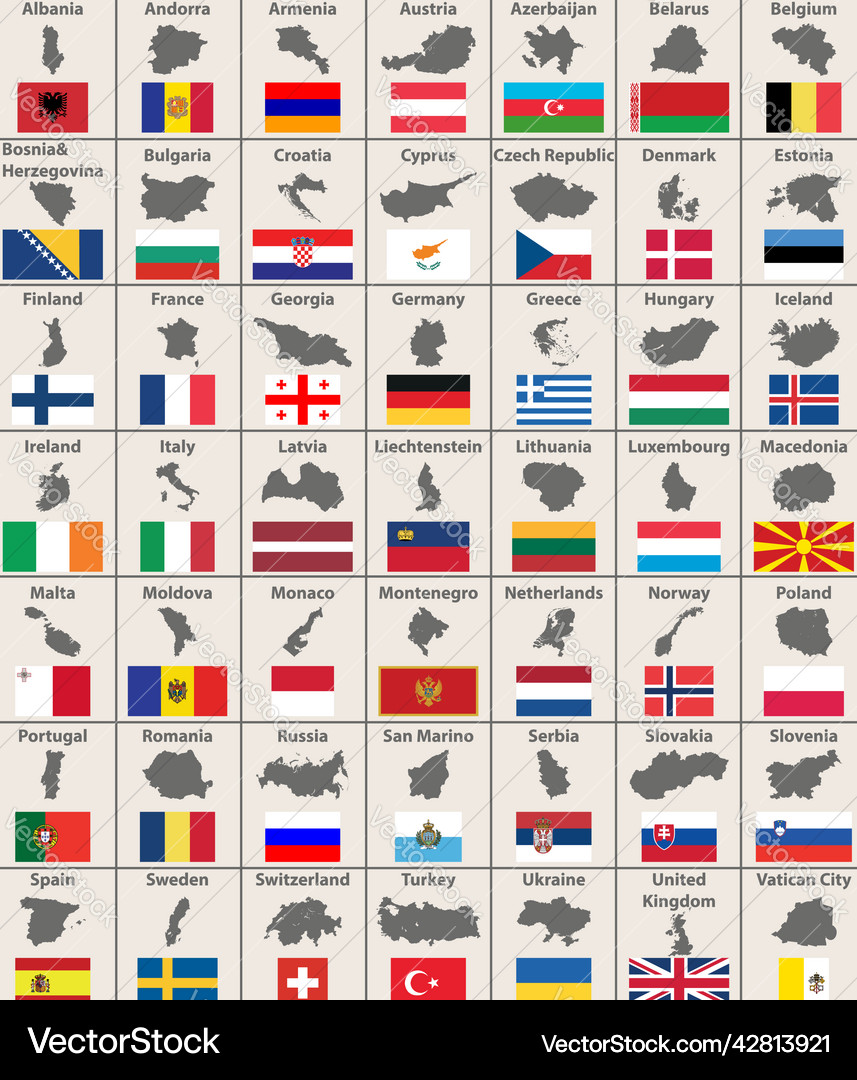 All european maps and flags set Royalty Free Vector Image