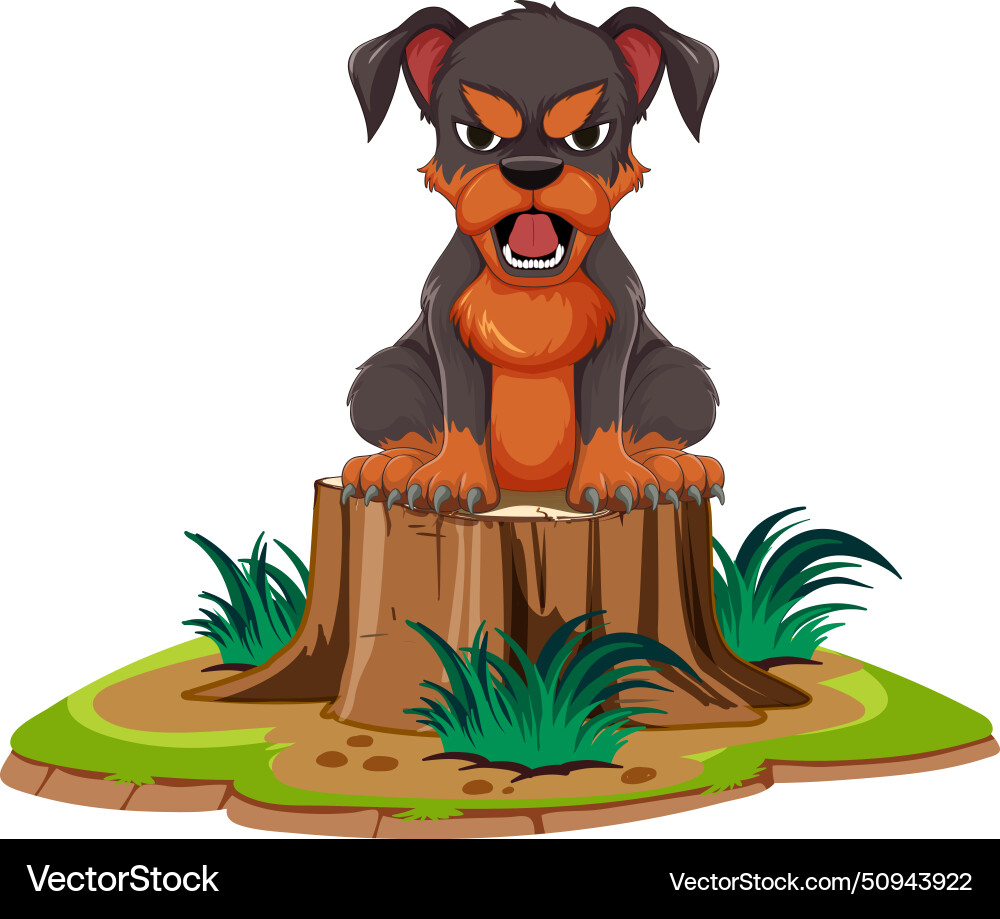 Cartoon dog snarling atop a tree stump Royalty Free Vector