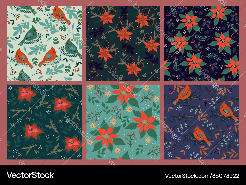 Winter Flora & Birds Patterns Royalty Free Vector Image