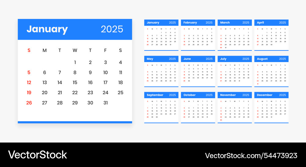 White blue 2025 annual calendar template Vector Image