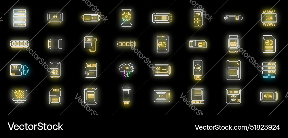 Gigabyte icons set neon Royalty Free Vector Image