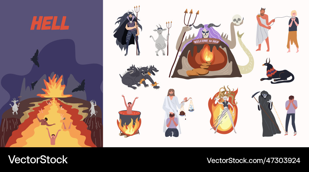 Hell underworld flat set Royalty Free Vector Image