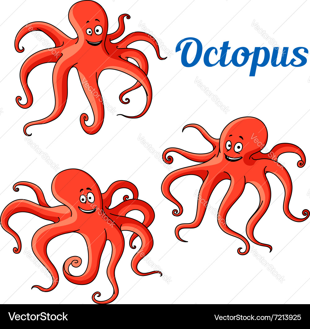 Funny and joyful cartoon red octopuses Royalty Free Vector