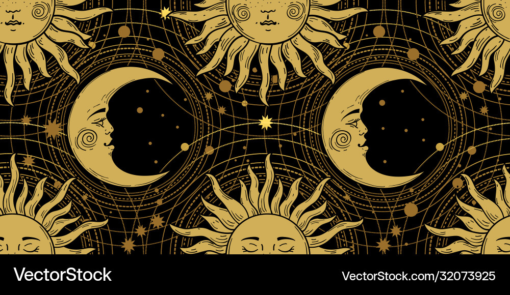Seamless pattern with a golden sun face Royalty Free Vector