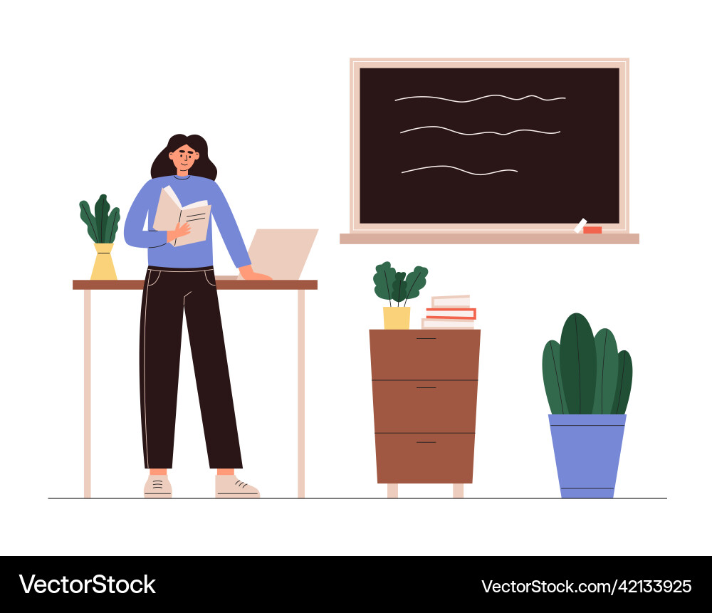 Teacher near chalkboard conduct lesson Royalty Free Vector