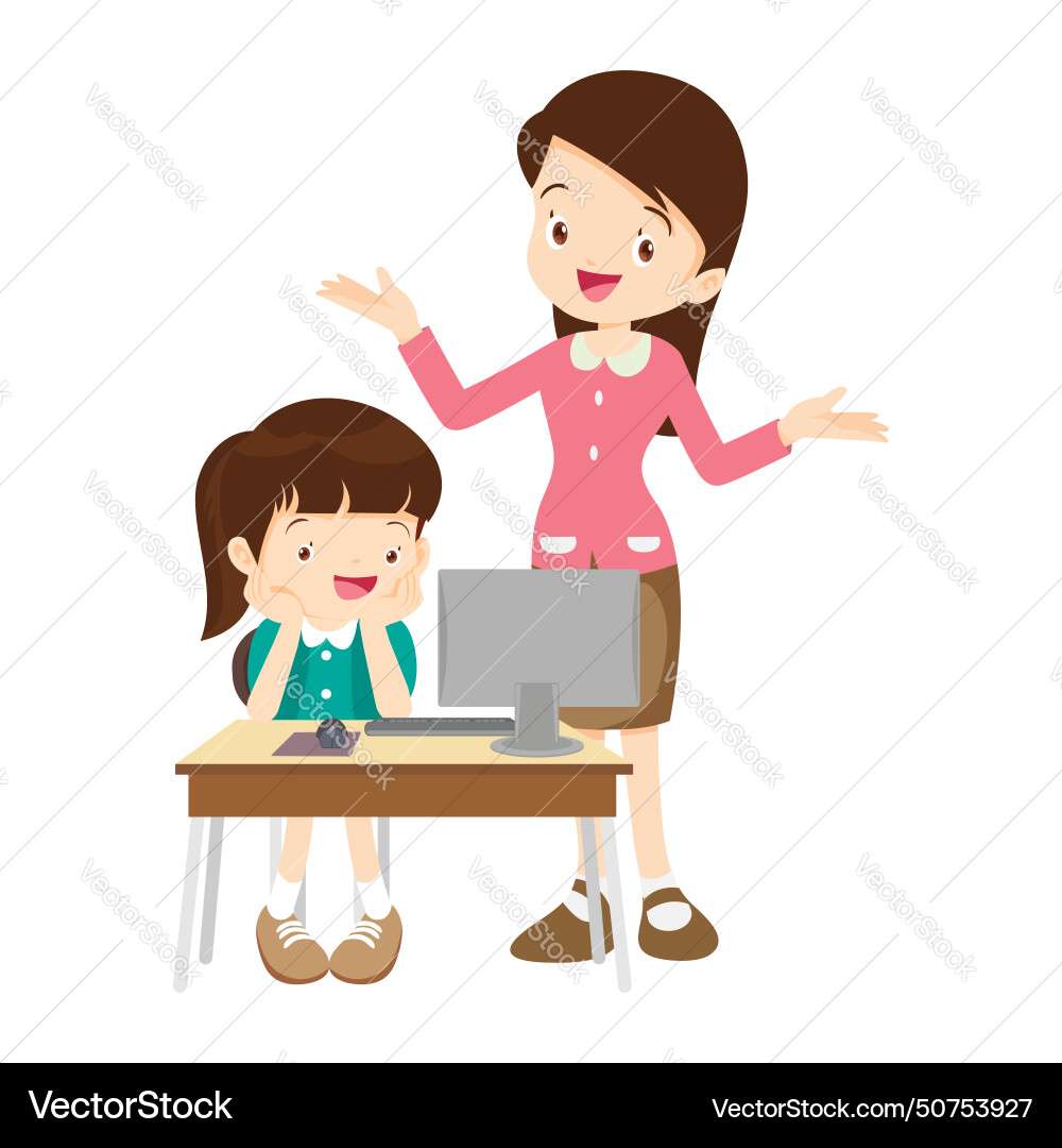 Happy teacher and student learning computer 2 Vector Image