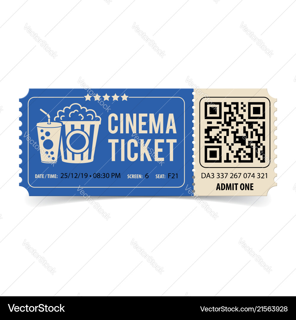 Cinema Ticket with QR Code & Popcorn Vector Image